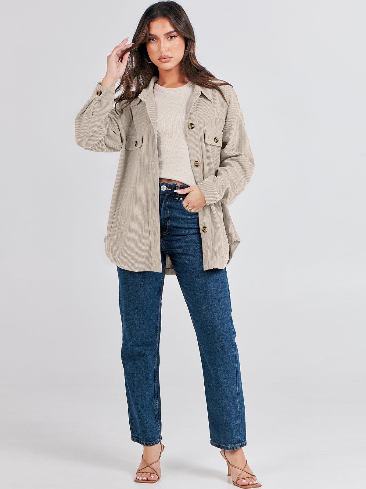 ANRABESS Womens Corduroy Shacket Button Down Shirts Oversized Long Sleeve Casual Cardigan Jacket 2025 Fall Fashion Clothes Beige Small
