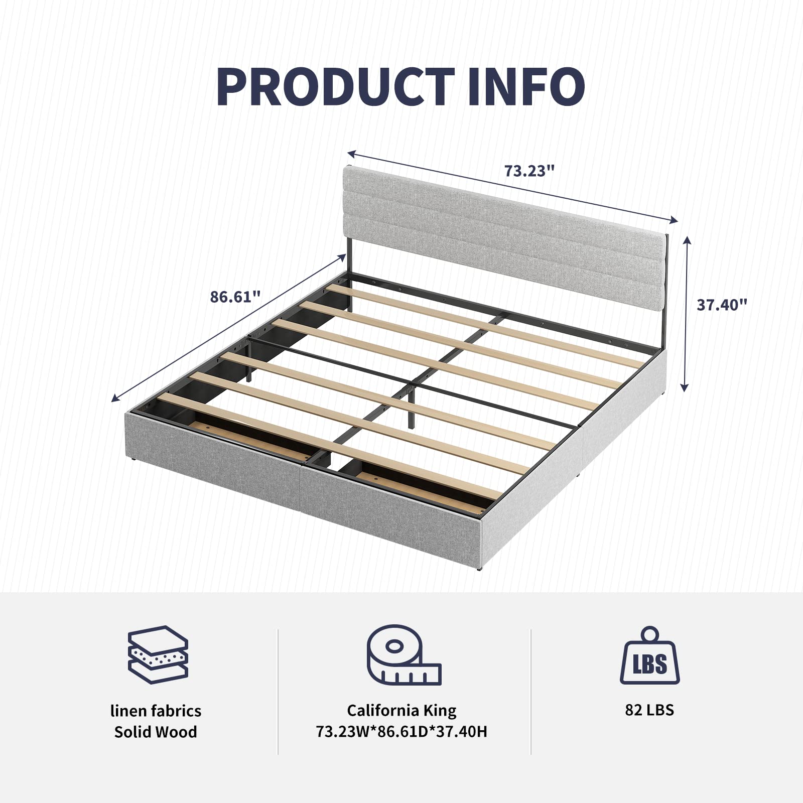 ZAFLY Platform California King Size Bed Frame with Linen Adjustable Headboard,Cal King Bed Frame with 2 Storage Drawers,Wooden Slats Support,No Box Spring Needed,Easy Assembly,Light Grey