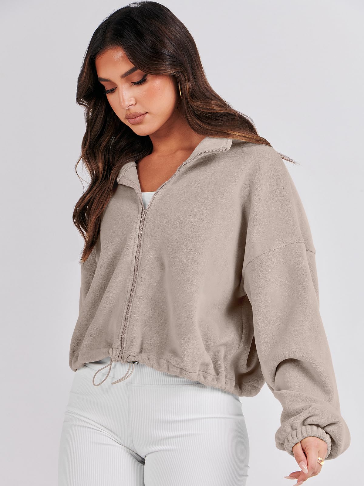 ANRABESS Women's Sweatshirts Full Zip Up Bomber Jacket Oversized Fleece Crop Sherpa Coat Long Sleeve High Neck Teddy Winter Pullover Active Sport Tops Outwear 1097 M, Khaki