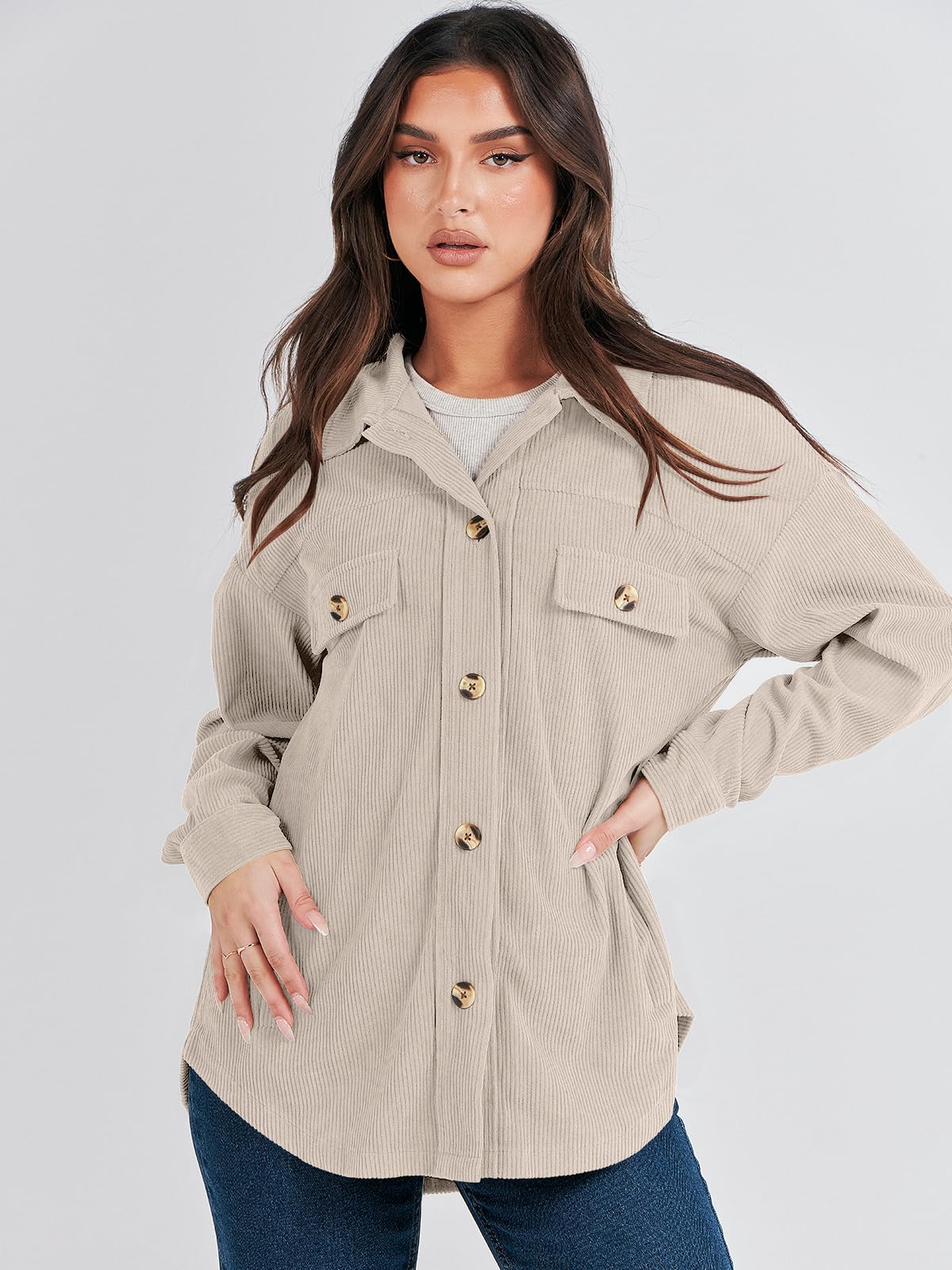 ANRABESS Womens Corduroy Shacket Button Down Shirts Oversized Long Sleeve Casual Cardigan Jacket 2025 Fall Fashion Clothes Beige Small