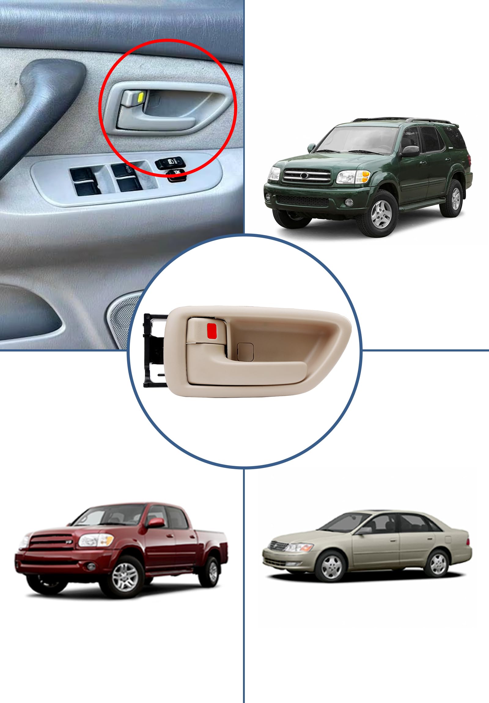 Interior Door Handles Set W/ Bezel (4Pcs), Compatible with 2000-2007 Toyota Avalon Sequoia Tundra(Crew Cabs), Beige, Front & Rear Inside Left Driver & Right Passenger | 69206-0C030-E1,69205-0C030-E1