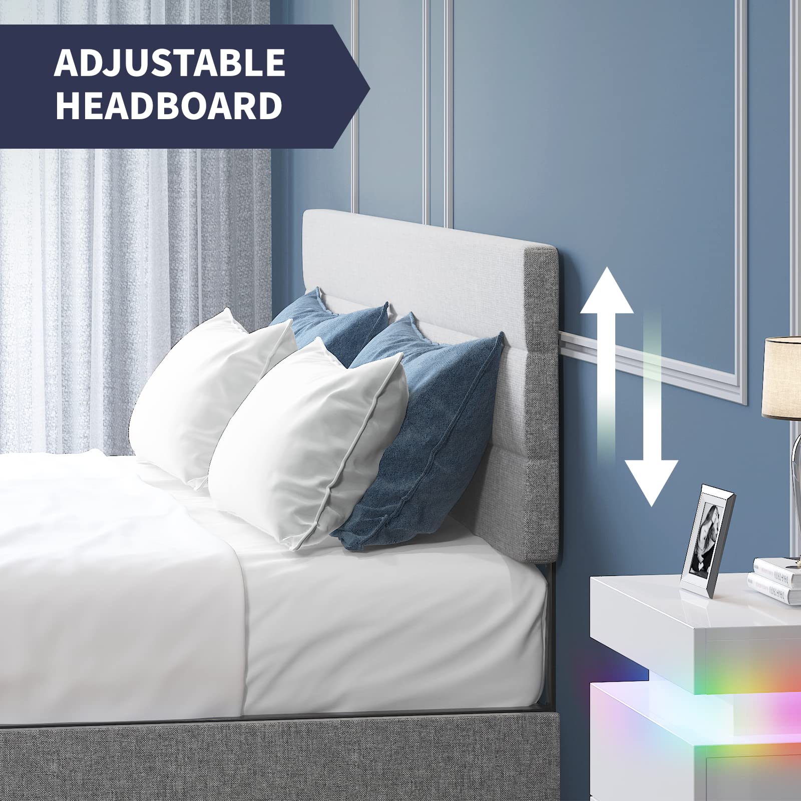 ZAFLY Platform California King Size Bed Frame with Linen Adjustable Headboard,Cal King Bed Frame with 2 Storage Drawers,Wooden Slats Support,No Box Spring Needed,Easy Assembly,Light Grey