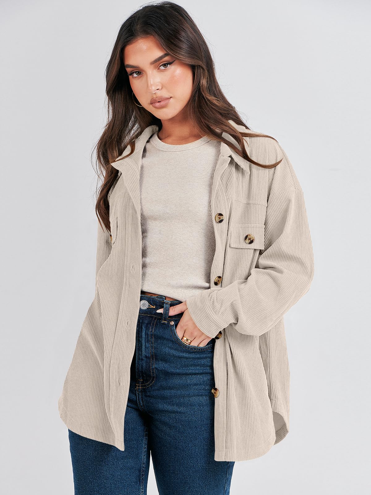 ANRABESS Womens Corduroy Shacket Button Down Shirts Oversized Long Sleeve Casual Cardigan Jacket 2025 Fall Fashion Clothes Beige Small