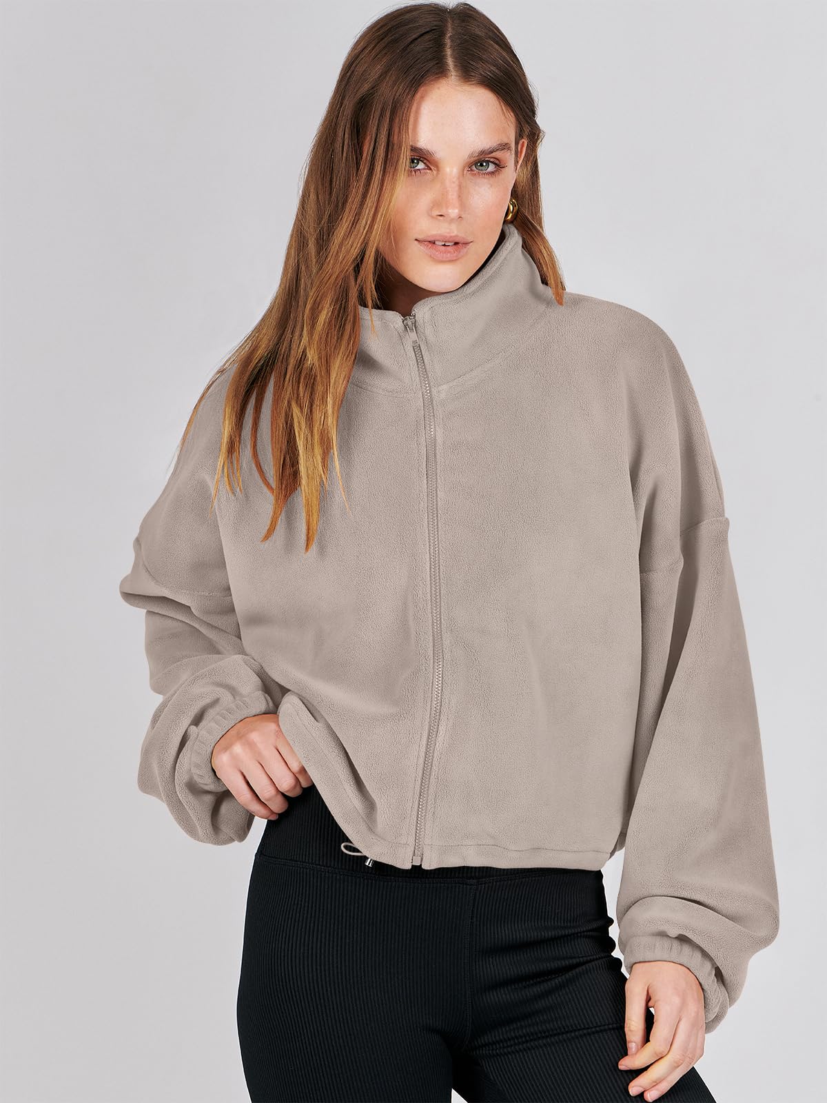 ANRABESS Women's Sweatshirts Full Zip Up Bomber Jacket Oversized Fleece Crop Sherpa Coat Long Sleeve High Neck Teddy Winter Pullover Active Sport Tops Outwear 1097 M, Khaki