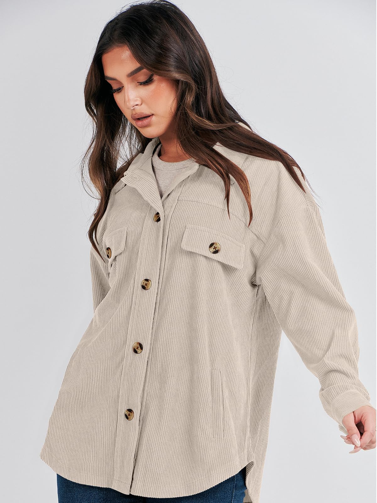 ANRABESS Womens Corduroy Shacket Button Down Shirts Oversized Long Sleeve Casual Cardigan Jacket 2025 Fall Fashion Clothes Beige Small