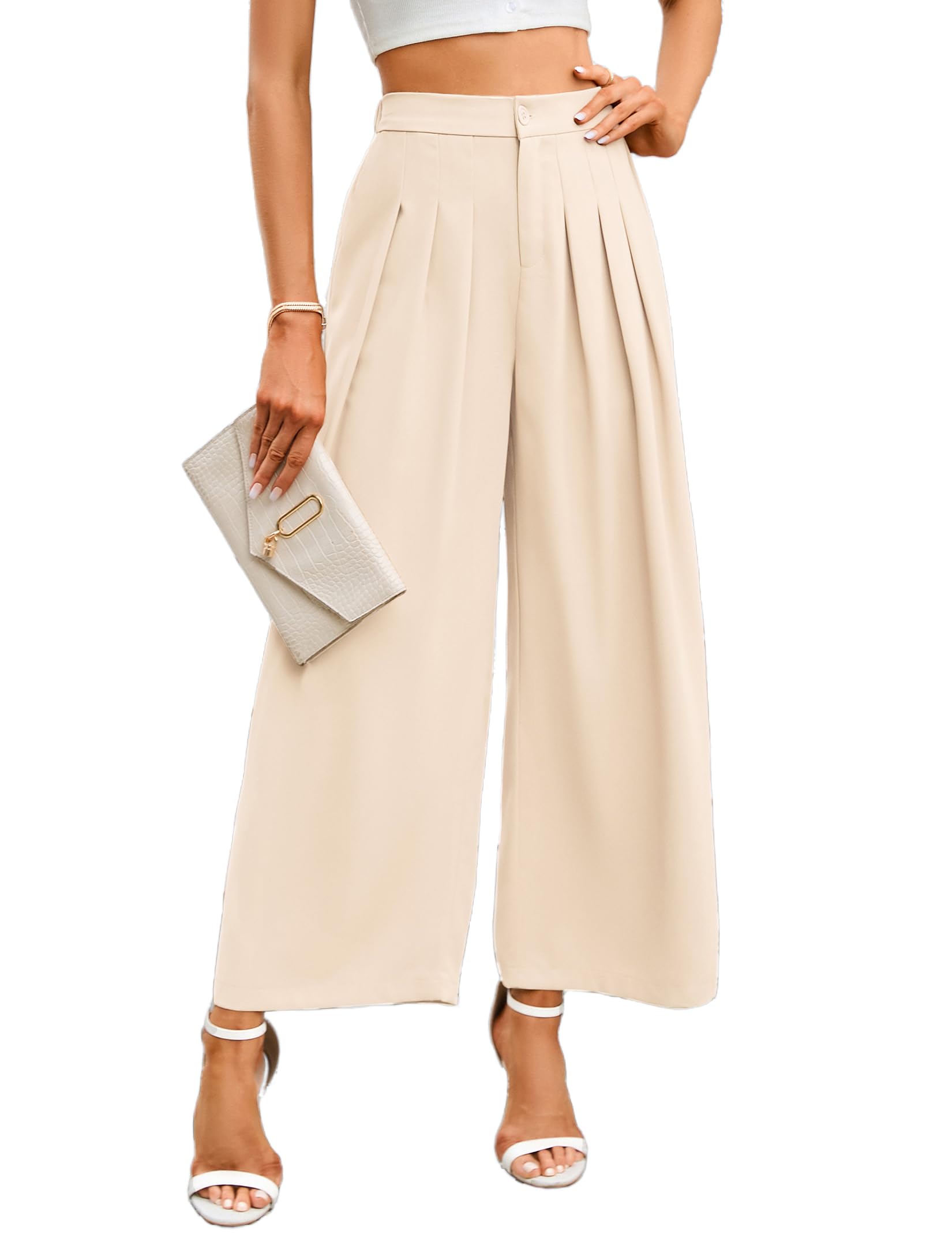 KOJOOIN Women High Waisted Wide Leg Palazzo Pants, Flowy Pants for Women Loose Fit Elastic Waist Pleated Trousers Comfy Elegant Business Casual Straight Leg Dress Pants Beige XL