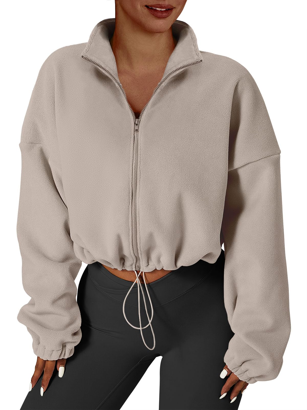 ANRABESS Women's Sweatshirts Full Zip Up Bomber Jacket Oversized Fleece Crop Sherpa Coat Long Sleeve High Neck Teddy Winter Pullover Active Sport Tops Outwear 1097 - XL, Khaki