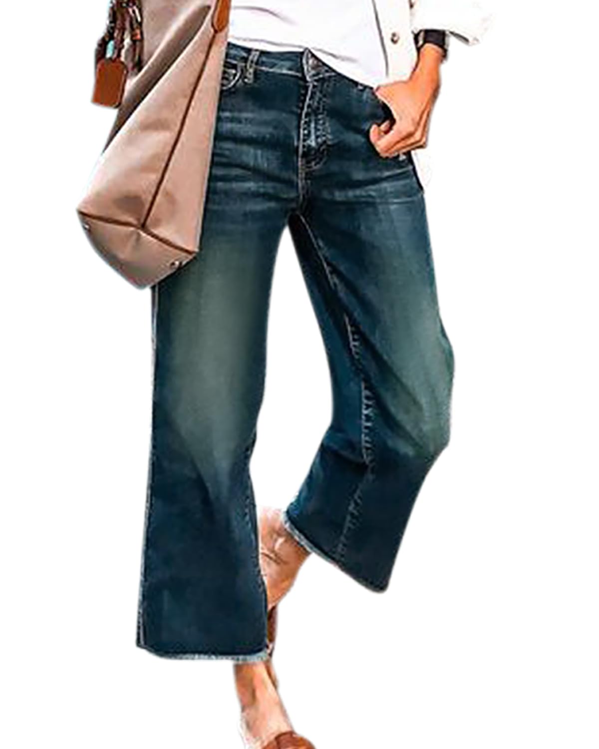 PEIHOT Mid Waisted Wide Leg Jeans for Women 90S Jeans Mid Rise Pull On Jeans Straight Leg Loose Fit Denim Pants Dark Blue