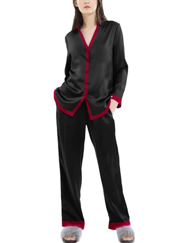 SWOMOG Women Silk Satin Pajama Set Button Down 2Pcs Sleepwear Long Sleeve Pjs Soft Black XLarge Loungewear with Pockets