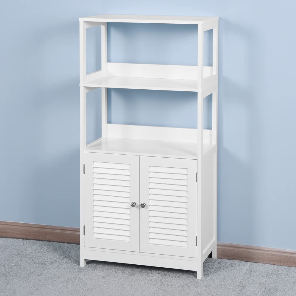 Huedimboene Large Bathroom Floor Cabinet, Freestanding Multipurpose Storage Cabinet with 2 Open Shelves and Storag Cupboard for Bathroom Kitchen Living Room Entryway, 23.6 x 12.8 x 48.0 inches, White