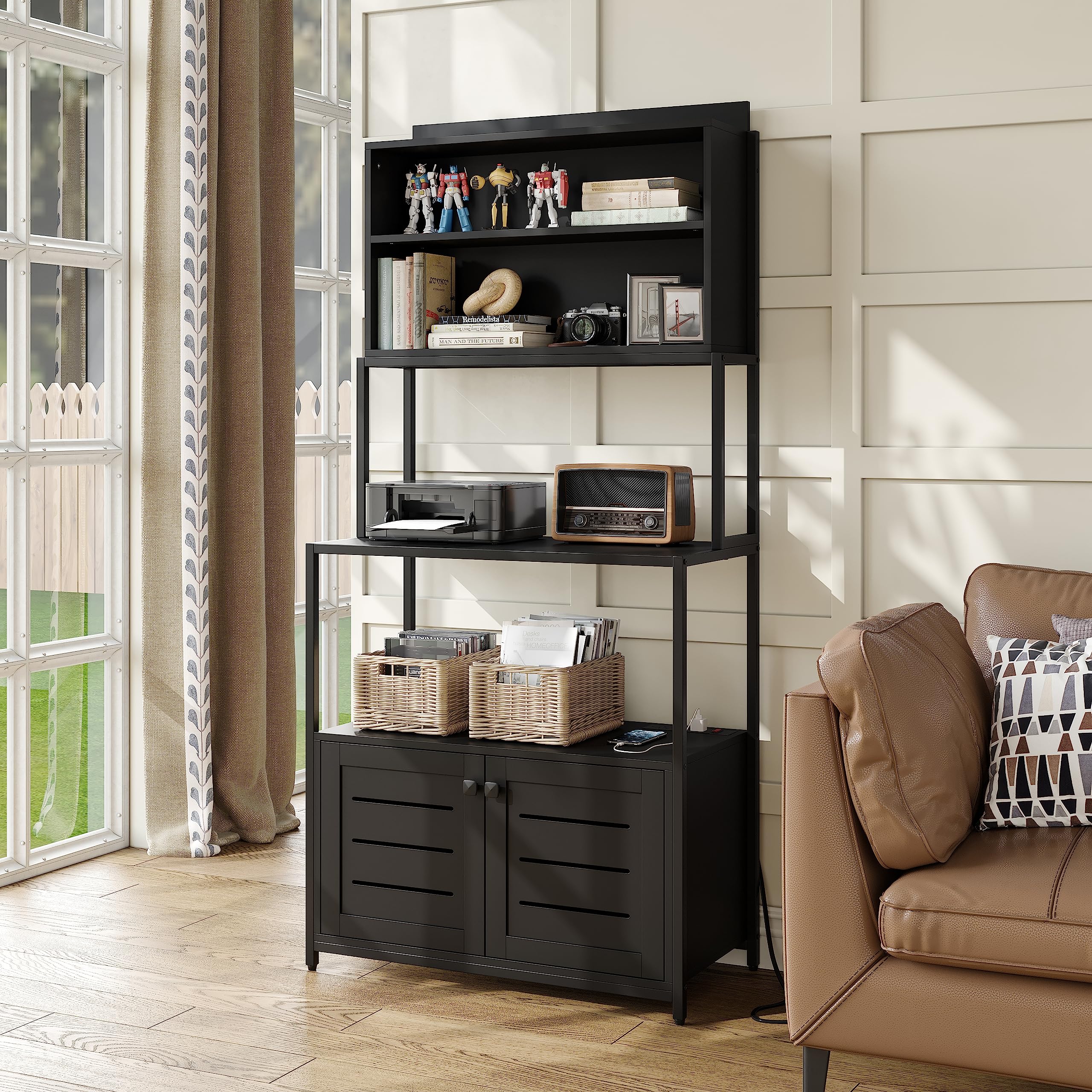 Furniouse 5-Tier Kitchen Bakers Rack with Power Outlet, Industrial Microwave Oven Stand with Shelves, Kitchen Utility Storage Shelf with Cabinet, Standing Kitchen Storage Rack,Black