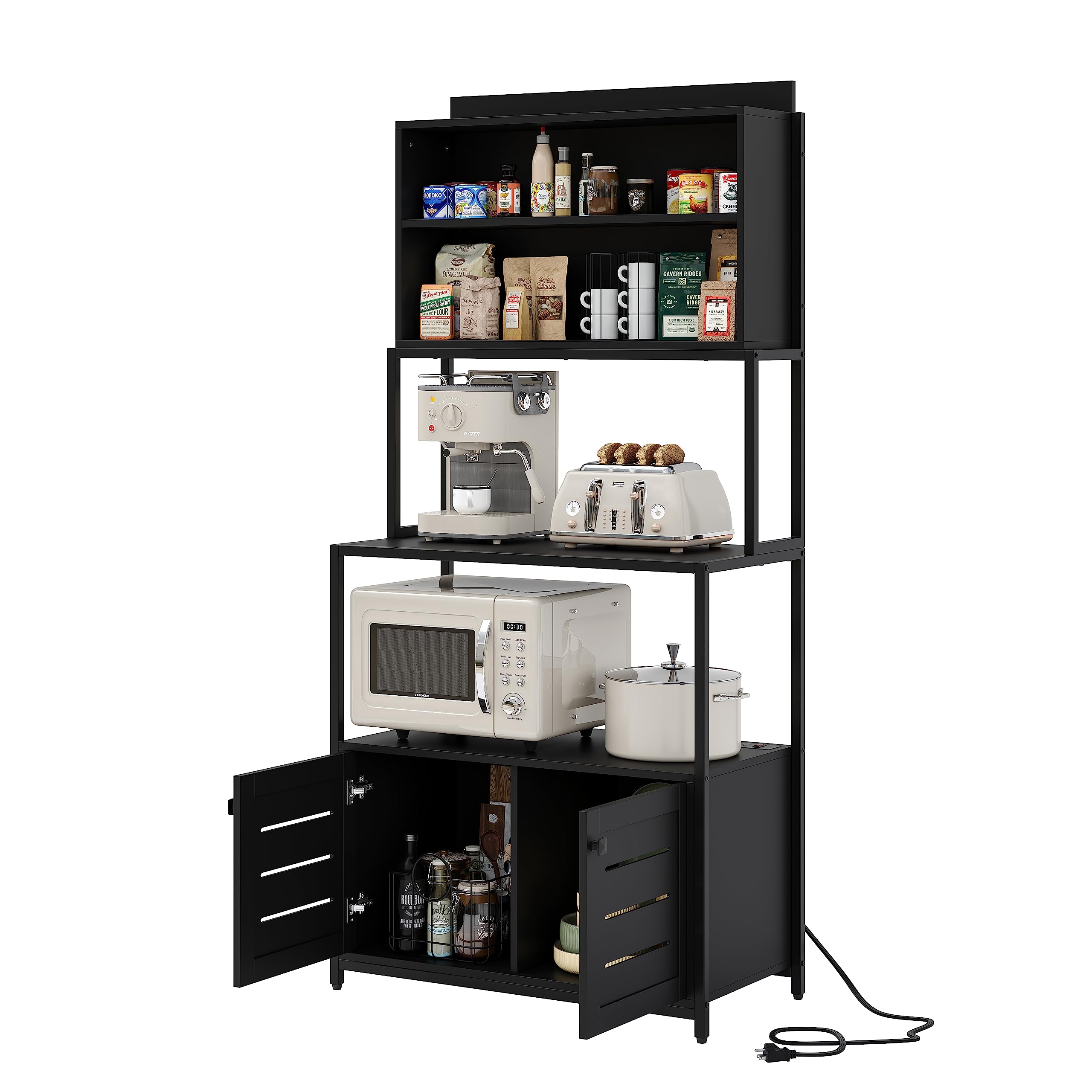 Furniouse 5-Tier Kitchen Bakers Rack with Power Outlet, Industrial Microwave Oven Stand with Shelves, Kitchen Utility Storage Shelf with Cabinet, Standing Kitchen Storage Rack,Black