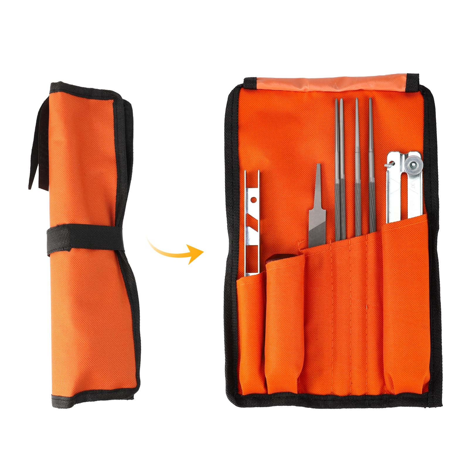 11PCS Universal Chainsaw Sharpener Tool, Chainsaw Chain Sharpening Kit with 4 Sizes Round File (5/32", 3/16", 13/64", 7/32"), Flat File, Handle, Filing Guide & Pouch