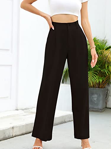 Skrfez Women's Wide Leg Work Pants with Pockets Black X-Large Professional High Elastic Waisted Slacks Long Business Straight Suit Pant Office Trousers