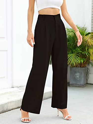 Skrfez Women's Wide Leg Work Pants with Pockets Black X-Large Professional High Elastic Waisted Slacks Long Business Straight Suit Pant Office Trousers