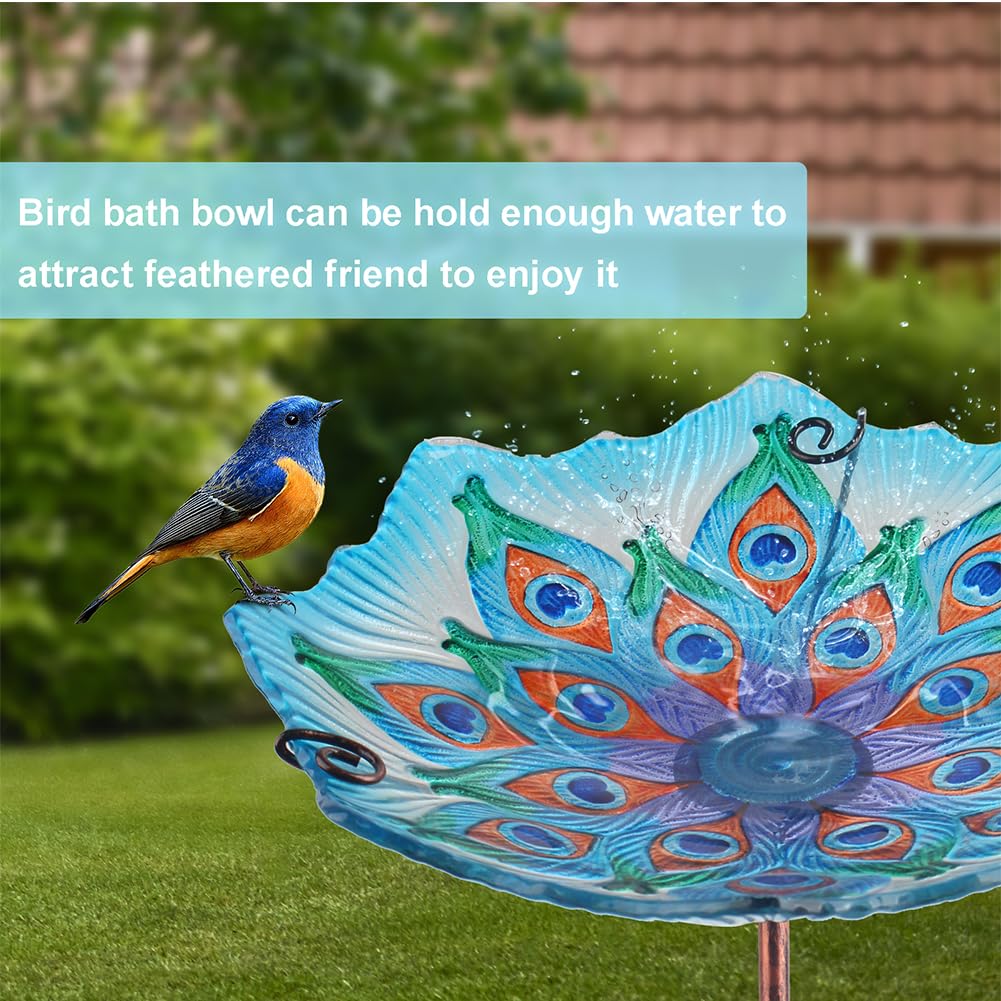 OUISJYER Bird Baths for Outdoors, Peacock Feather Glass Birdbath & Birdfeeder with Metal Pedestal Stake Garden Yard Lawn Decor (31.5" H * 11.5" W)