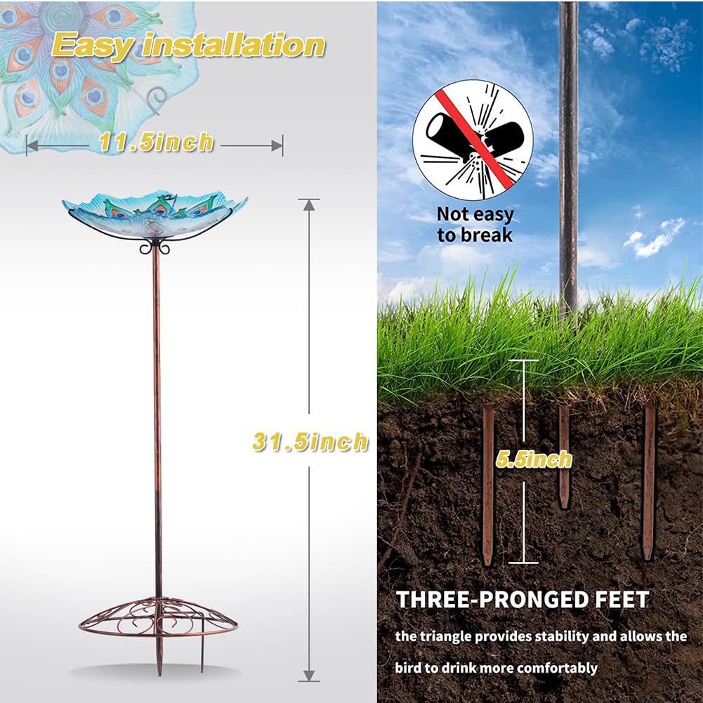 OUISJYER Bird Baths for Outdoors, Peacock Feather Glass Birdbath & Birdfeeder with Metal Pedestal Stake Garden Yard Lawn Decor (31.5" H * 11.5" W)