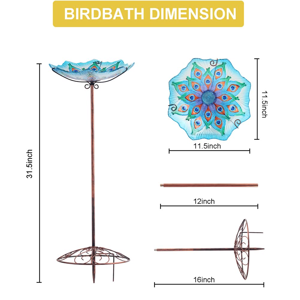 OUISJYER Bird Baths for Outdoors, Peacock Feather Glass Birdbath & Birdfeeder with Metal Pedestal Stake Garden Yard Lawn Decor (31.5" H * 11.5" W)