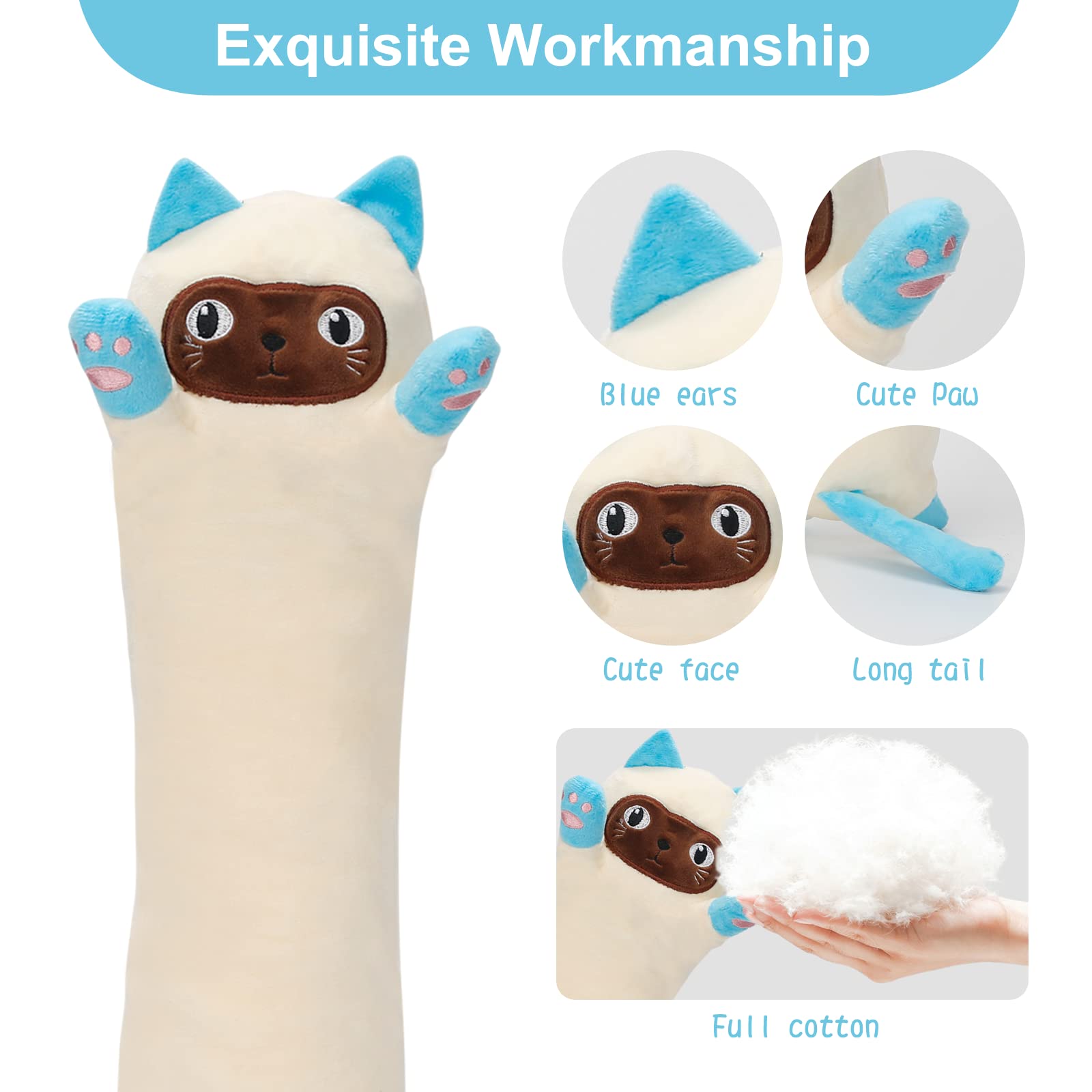 SEENEEY Long Cat Plush Kawaii Body Pillow, Cute Cat Stuffed Animals Soft Plushies,Cat Soft Plush Long Cat Pillow Doll Toy Gift for Girlfriend. (Luminous Fabric Siamese,35.4 in)