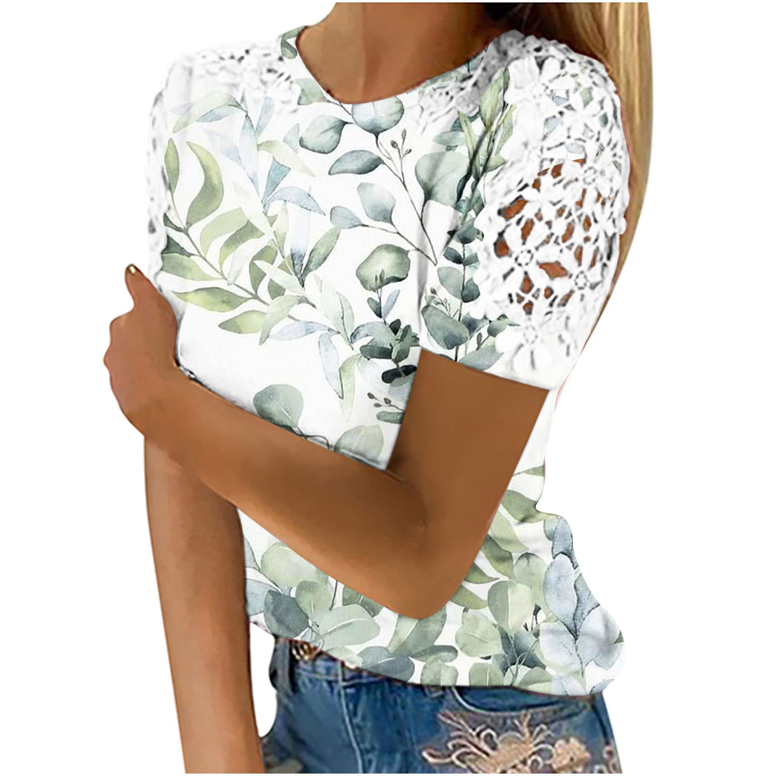 Ceboyel Womens 2023 Guipure Lace Trim Blouses Summer Casual Tops Shirts Short Sleeve Floral Tunic Dressy Trendy Ladies Clothes Blouse