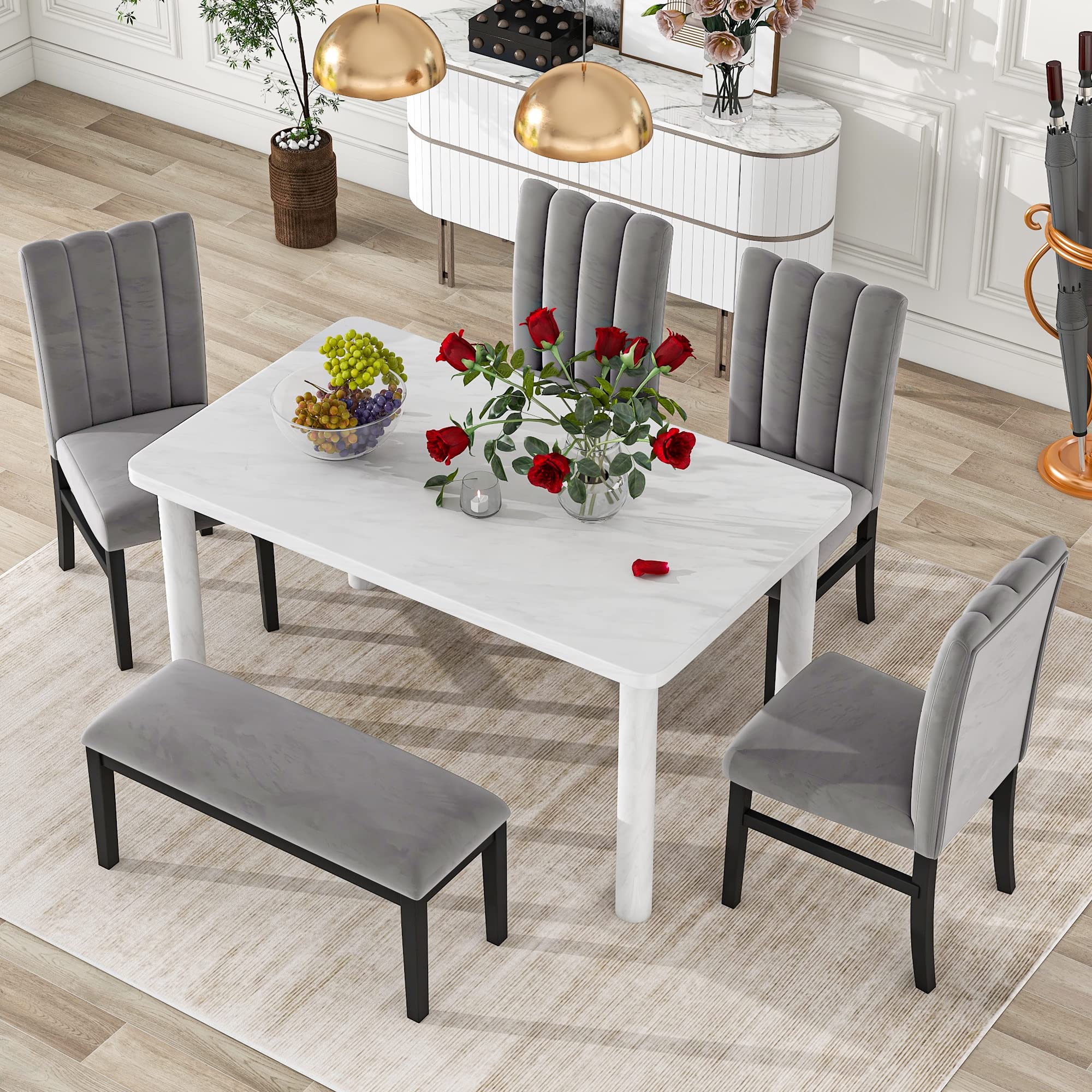 BIADNBZ Modern Rectangular Dining Set for 6 with Marble Veneer Table and 4 Flannelette Upholstered Chairs &1 Bench for Family/Living Room, 6-Piece, White+Gray