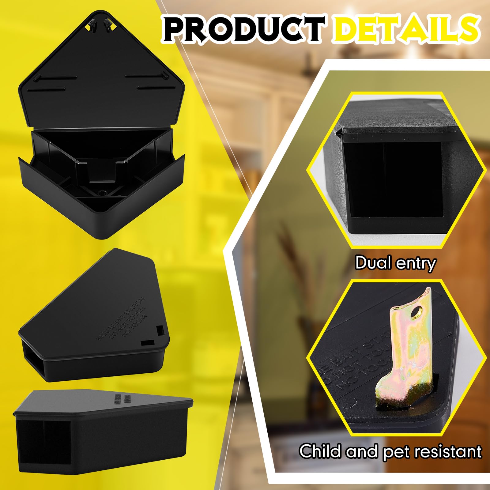 Qualirey 24 Pcs Mice Station with Key Triangle Bait Station Reusable Rodent Trap Bait Box, Keeps Children and Pets Safe Indoor & Outdoor, Bait Not Included, Suitable for Small Mice (Black)