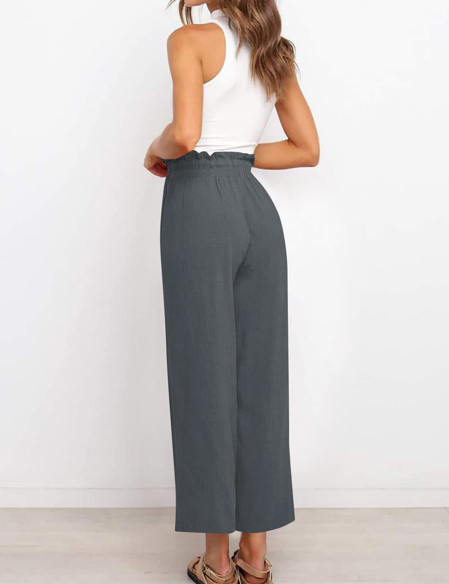 MAVIS LAVEN Women's Linen Pants High Waisted Wide Leg Drawstring Casual Loose Trousers with Pockets,Dark Gray,Medium