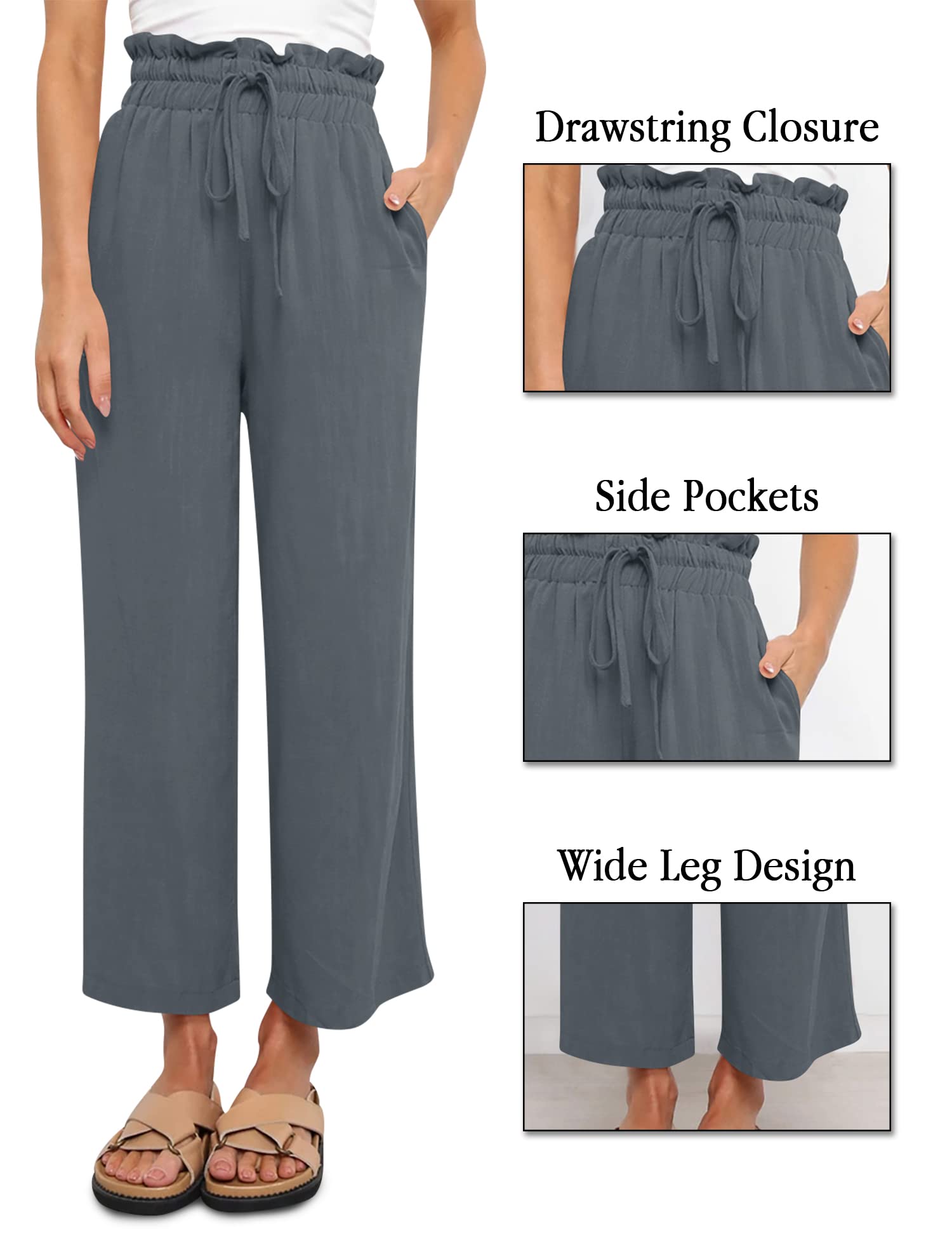 MAVIS LAVEN Women's Linen Pants High Waisted Wide Leg Drawstring Casual Loose Trousers with Pockets,Dark Gray,Medium