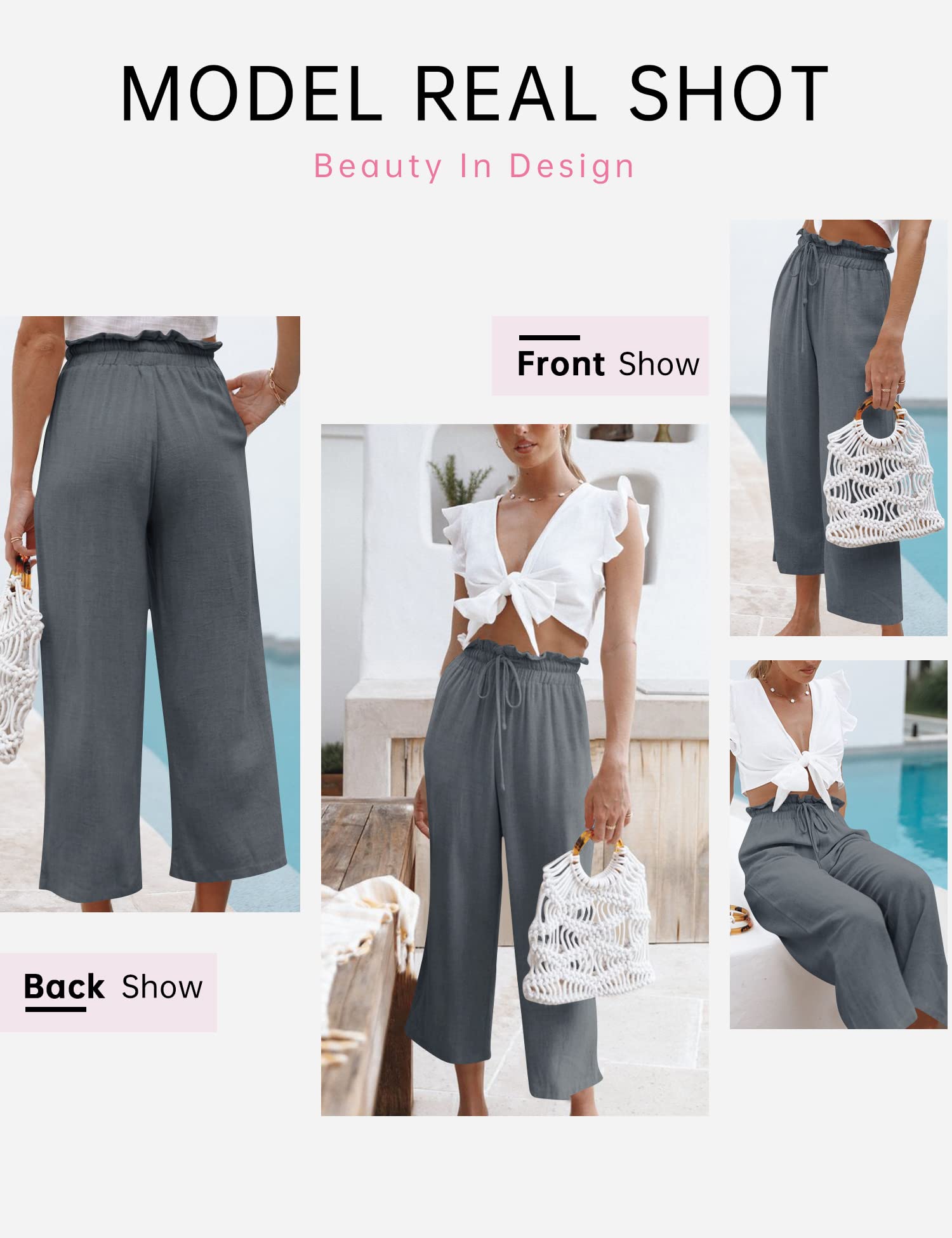 MAVIS LAVEN Women's Linen Pants High Waisted Wide Leg Drawstring Casual Loose Trousers with Pockets,Dark Gray,Medium