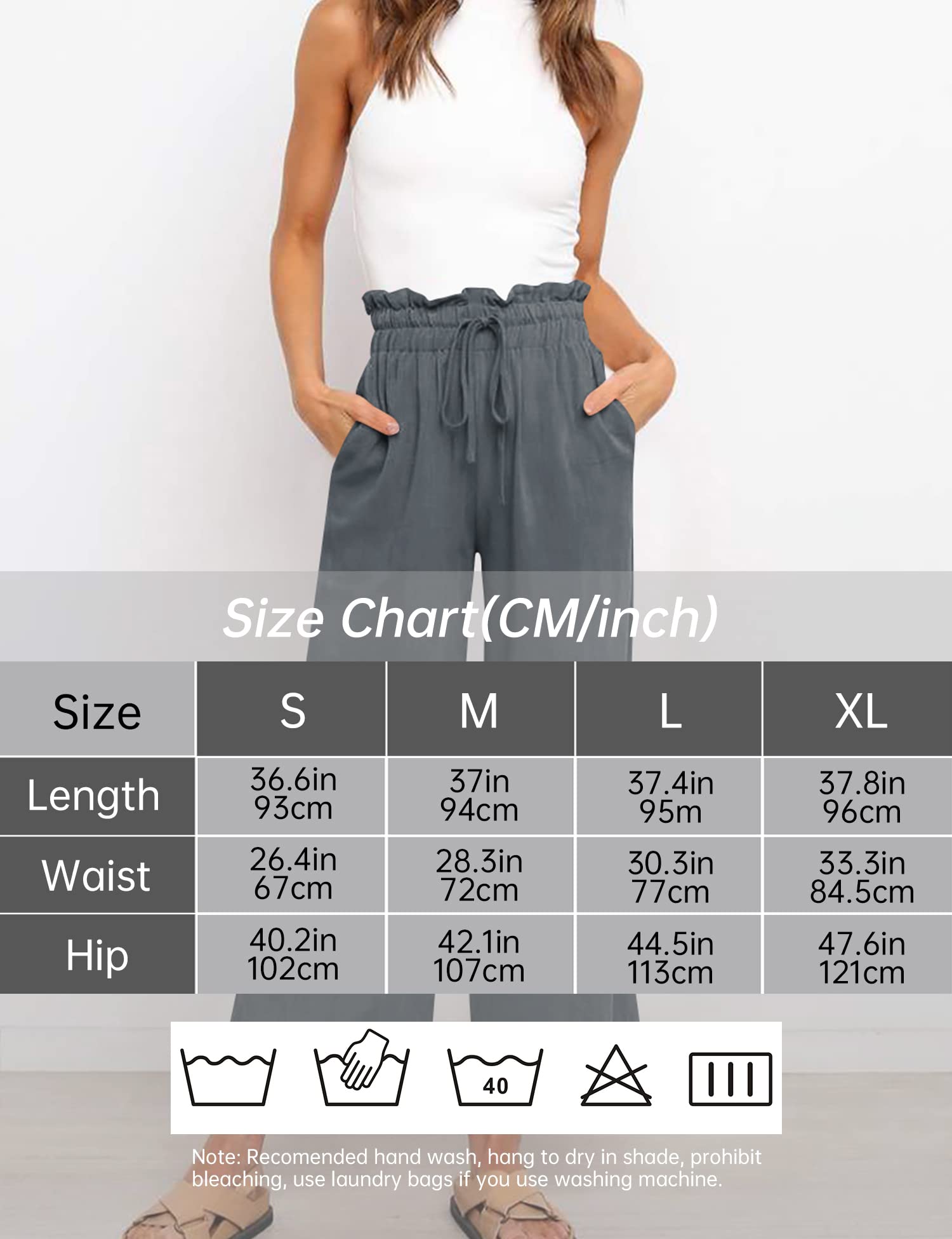 MAVIS LAVEN Women's Linen Pants High Waisted Wide Leg Drawstring Casual Loose Trousers with Pockets,Dark Gray,Medium