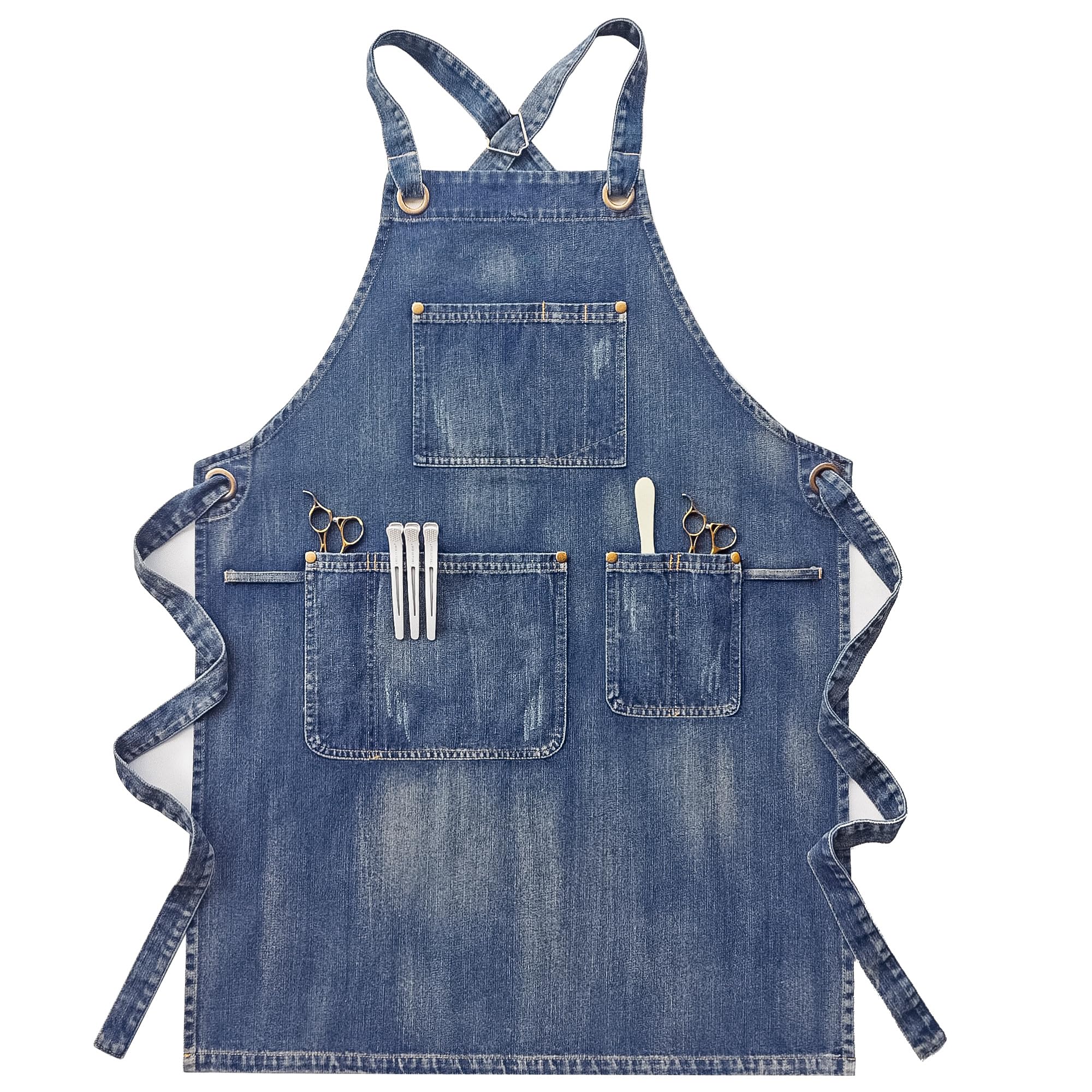 Miiinaps Blue Denim Apron With Pockets - Jean Work Apron for Women and Men, Plus Size Hair Stylist Apron - Washing Style | Adjustable XXL (Denim Blue)