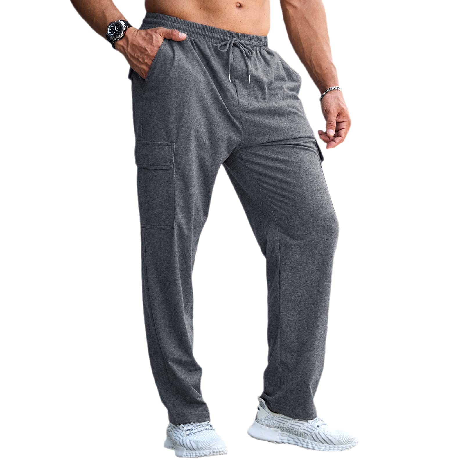 CTU Mens Fashion Baggy Sweatpants Lightweight Workout Cargo Sweatpants Athletic Pants Open Bottom Joggers with Pockets Darkgrey