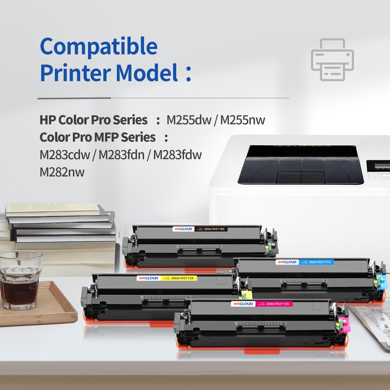 INKCLOUD 206X Toner Cartridges 4 Pack (with Chip) Compatible Replacement for HP 206X A W2110A W2110X Work with HP Color Pro MFP M283fdw M283cdw M283 Pro M255 M255dw Printer Ink High Yield Toner