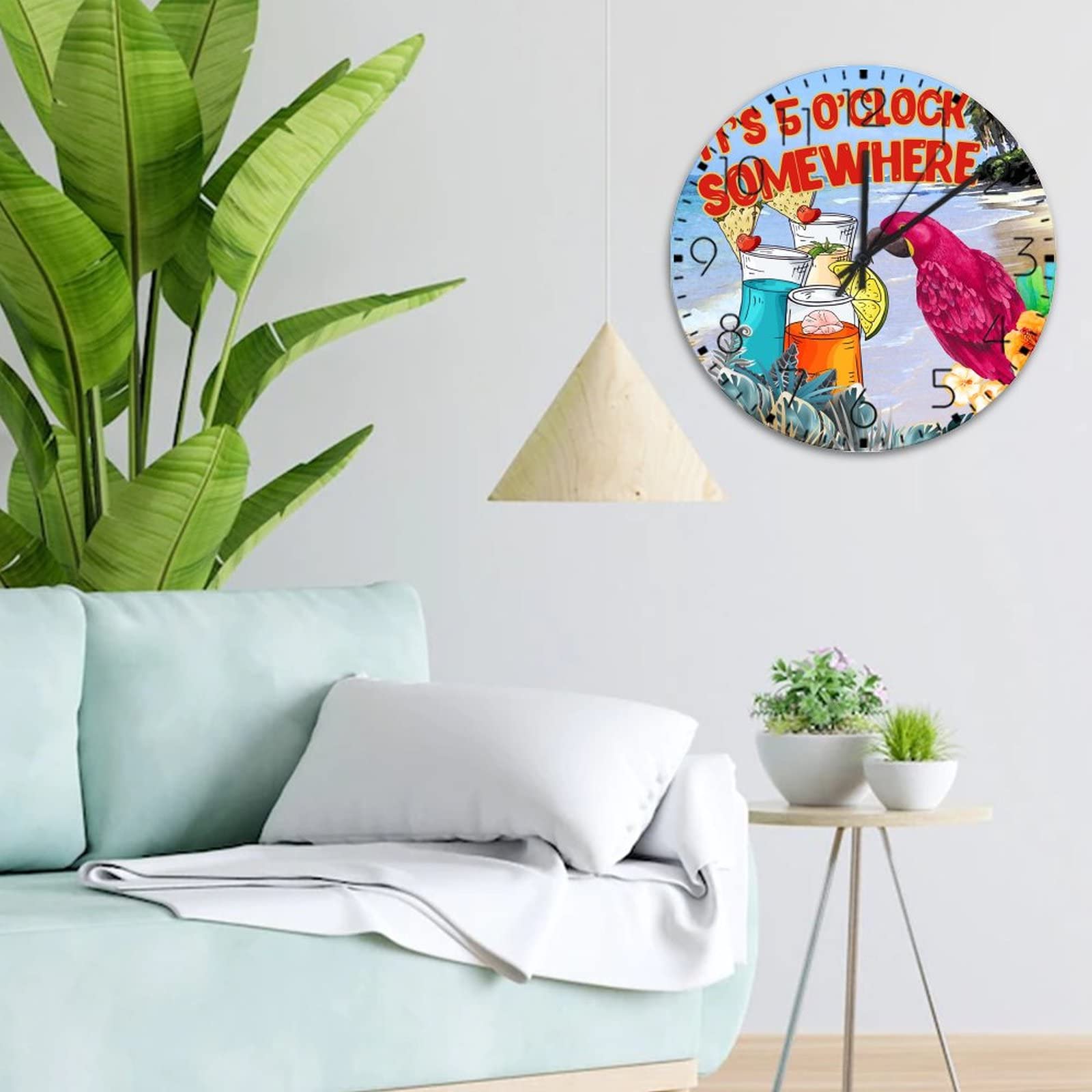 15 Inch Silent Non-Ticking Wall Clocks Battery Operated It's Five O'clock Somewhere Home Decor for Classroom Tiki Bar Pool Hot Tub Luau Custom Round Wooden Wall Clock Rustic for Auto Shop Entryway
