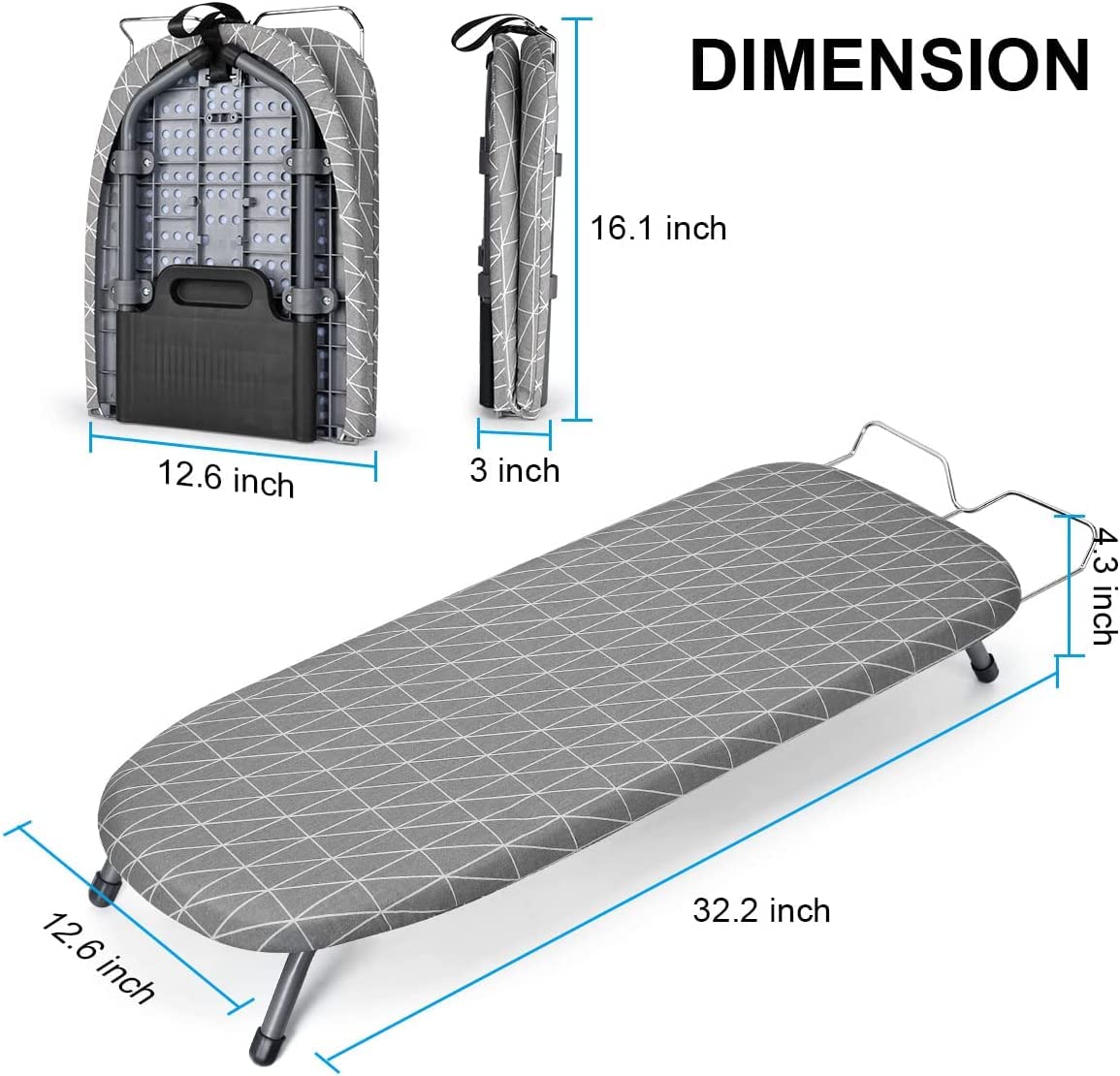Foldable Ironing Board, Portable Iron Board with Iron Rest, Tabletop Small Ironing Board with 2 Heat Resistant Ironing Covers, Mini Ironing Board with Non-Slip Feet for Bathroom, Laundry Rooms, Dorms