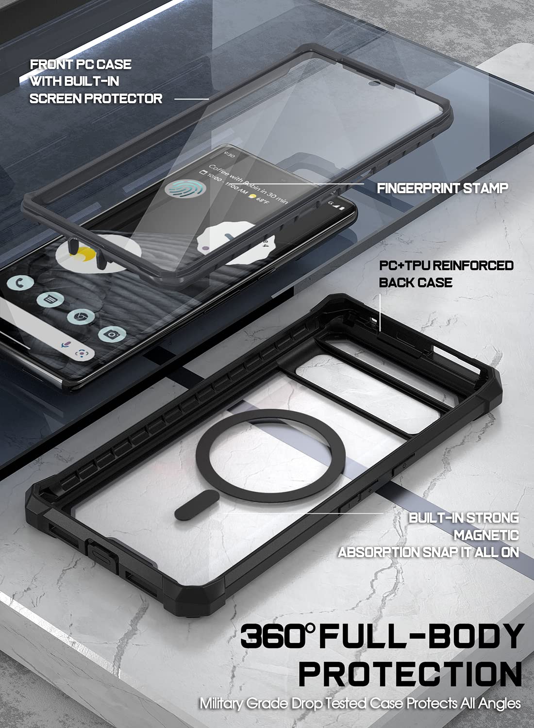 Poetic Guardian MagPro Case Compatible with Pixel 7 Pro,[Compatible with MagSafe], Built-in Screen Protector Work with Fingerprint ID, Full Body Hybrid Shockproof Protective Rugged Case, Black/Clear