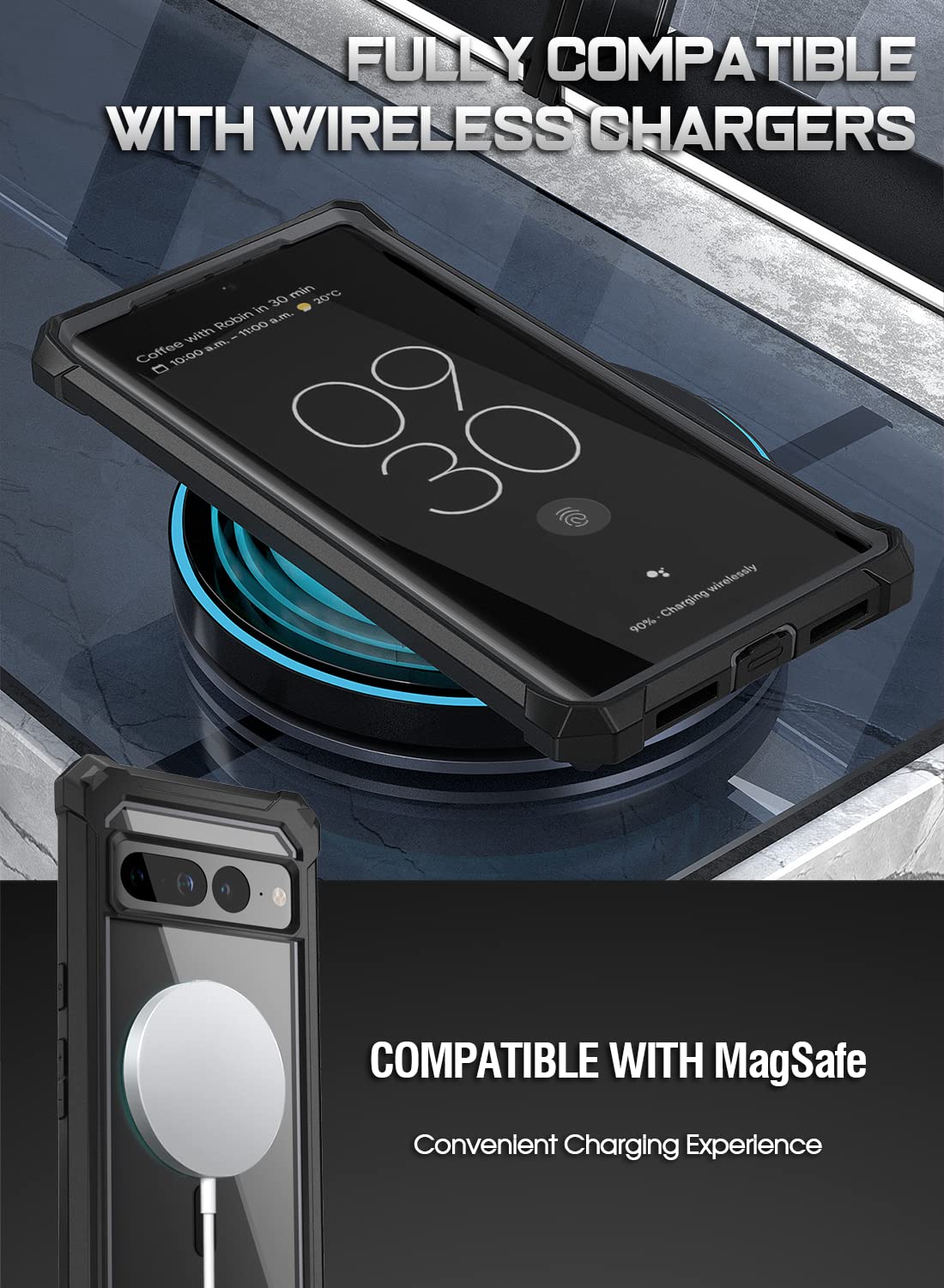 Poetic Guardian MagPro Case Compatible with Pixel 7 Pro,[Compatible with MagSafe], Built-in Screen Protector Work with Fingerprint ID, Full Body Hybrid Shockproof Protective Rugged Case, Black/Clear
