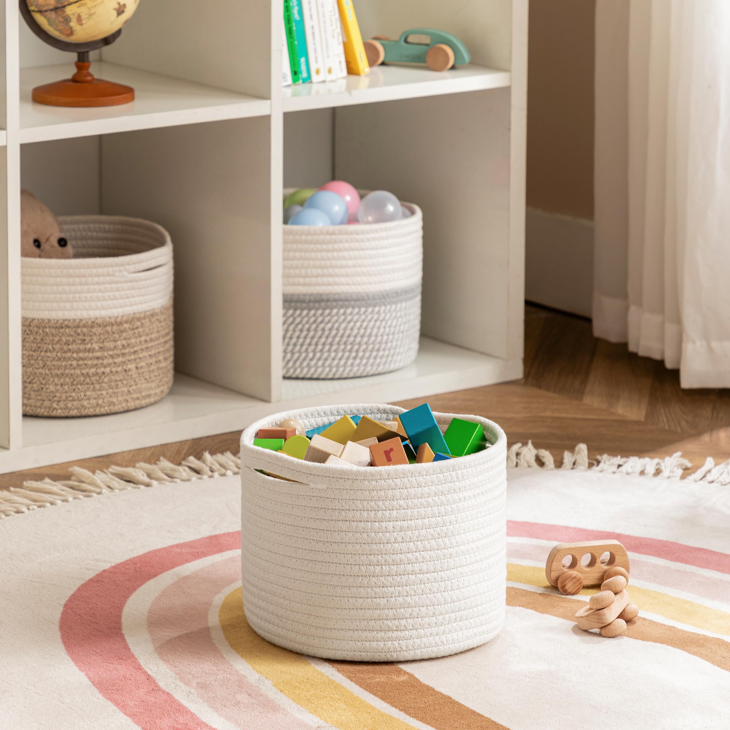 UBBCARE Small Basket for Organizing, Round Woven Basket With Handles, Small Storage Basket for decor, Grey Cotton Rope Basket (9.5" x 9.5" x 7.1")