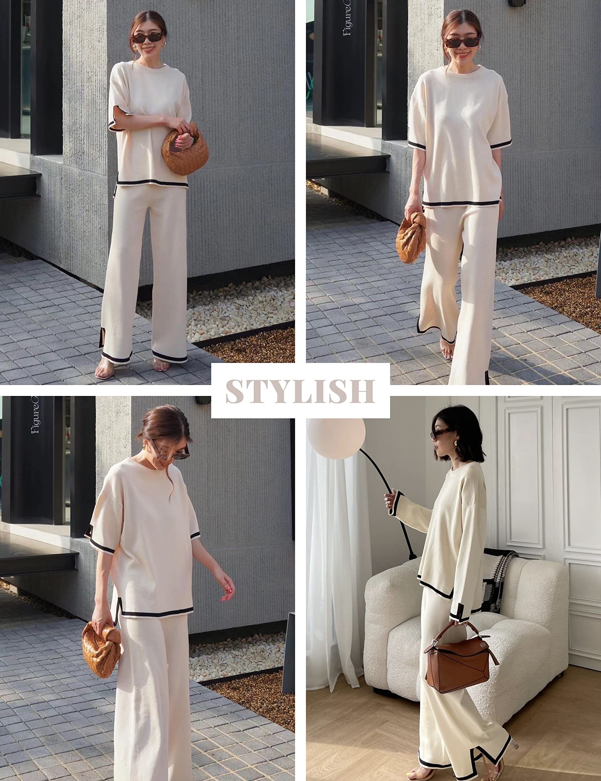Faleave Womens Knit 2 Piece Sweater Sets Short Sleeve Pullover Tops Elastic Waist Wide Leg Pants Lounge Set(Apricot-M)