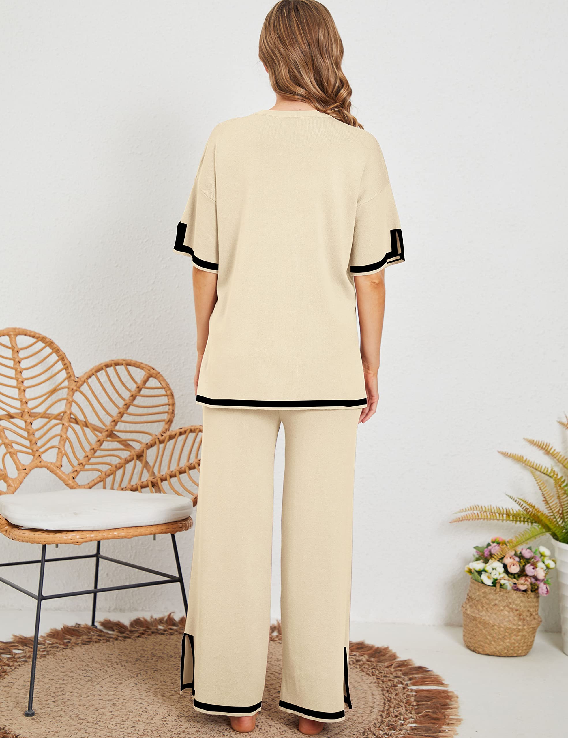 Faleave Womens Knit 2 Piece Sweater Sets Short Sleeve Pullover Tops Elastic Waist Wide Leg Pants Lounge Set(Apricot-M)