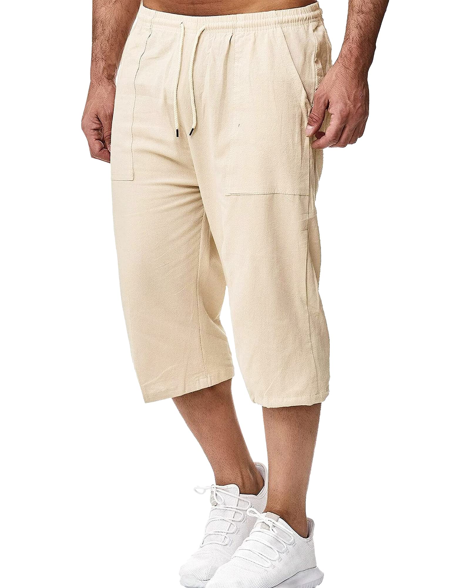 LVCBL Mens 3/4 Linen Capri Pants Elastic Waist Casual Loose Baggy Harem Pants Khaki M