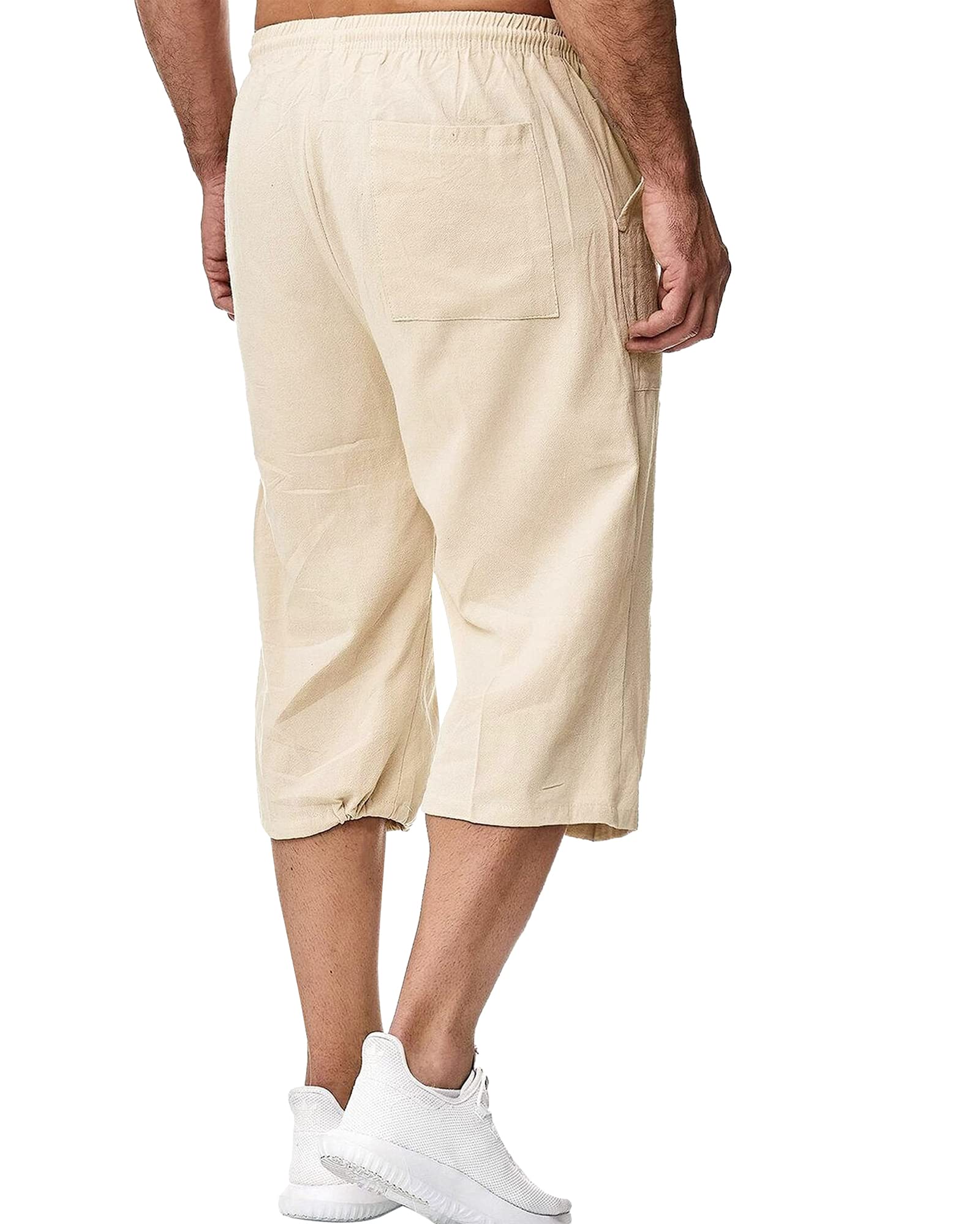 LVCBL Mens 3/4 Linen Capri Pants Elastic Waist Casual Loose Baggy Harem Pants Khaki M
