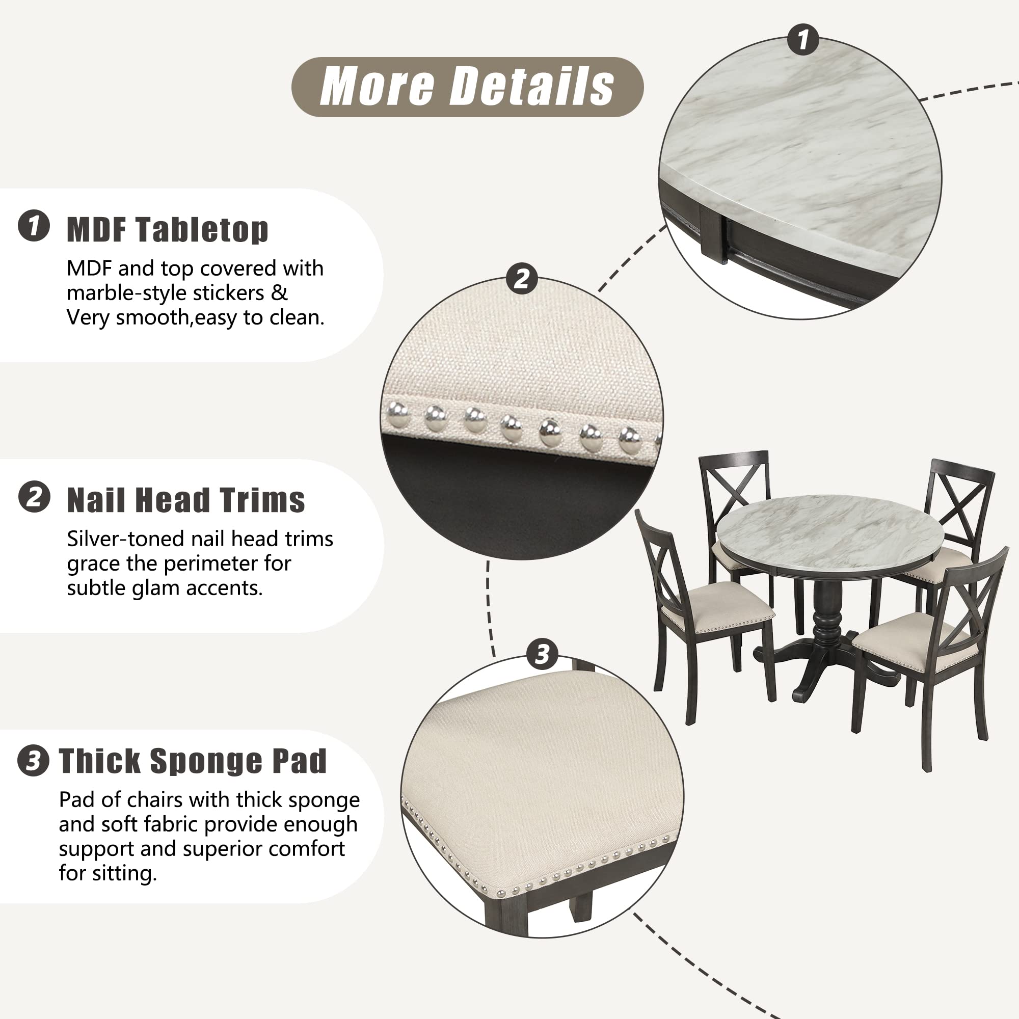 Modern 5-Piece Round Table and Chairs Set for 4 Persons, Solid Wood Dining Table Set with 4 Dining Chairs, Marble Veneer Kitchen Table Sets for Small Space Dining Room (Gray+Marble Veneer Table)