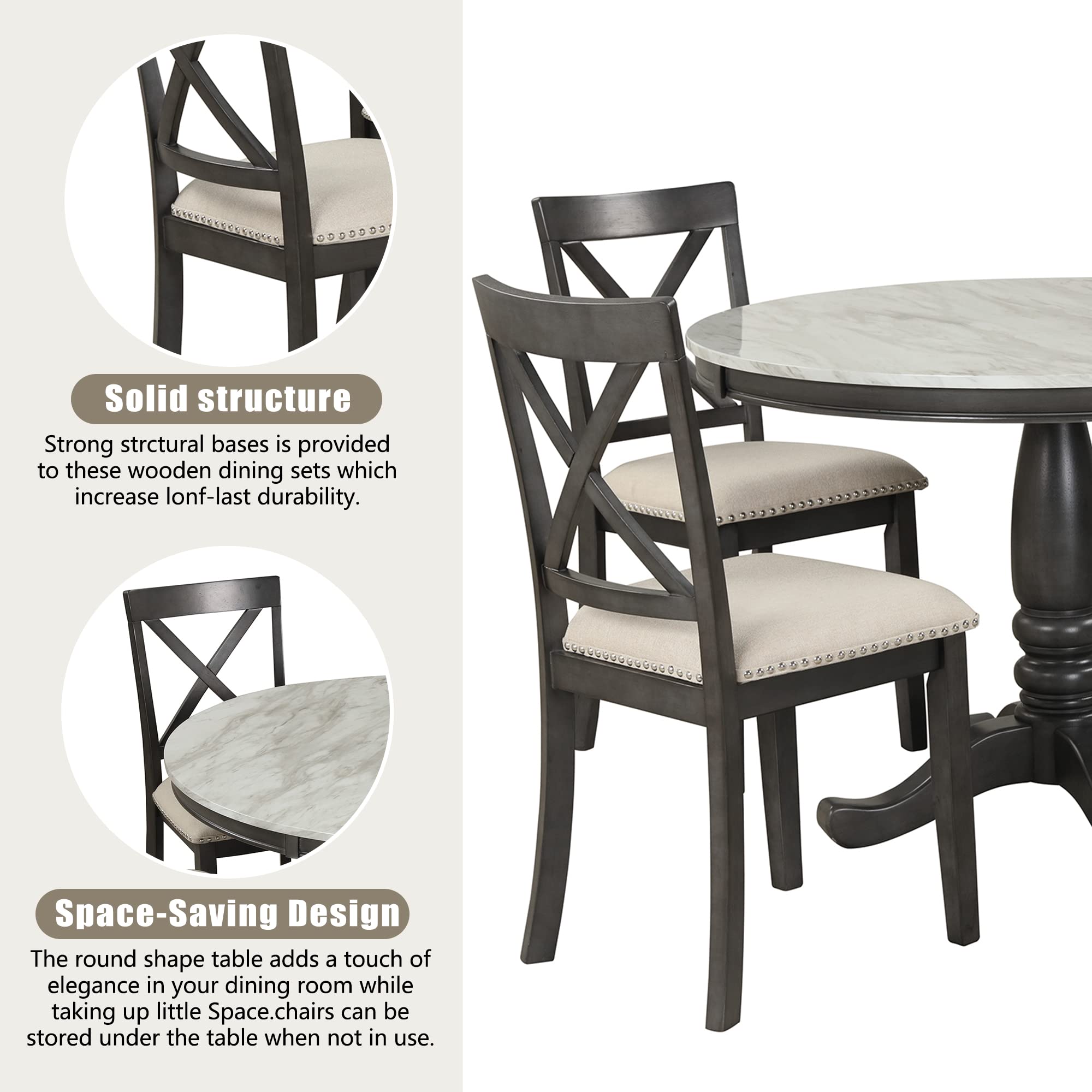 Modern 5-Piece Round Table and Chairs Set for 4 Persons, Solid Wood Dining Table Set with 4 Dining Chairs, Marble Veneer Kitchen Table Sets for Small Space Dining Room (Gray+Marble Veneer Table)