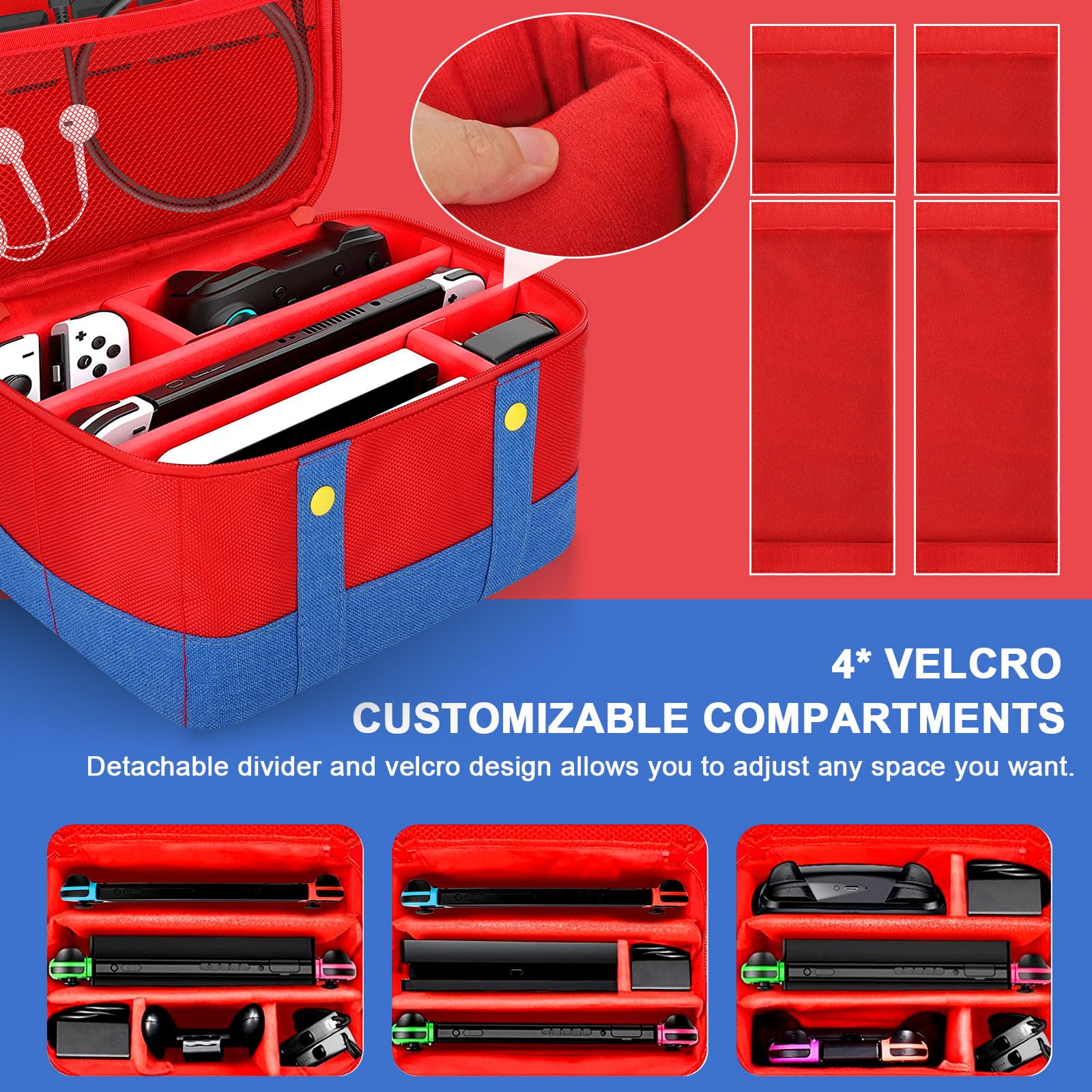 Cute Switch Carry Case for Nintendo Switch/Lite/OLED, Portable Soft Shell Waterproof Protective Storage Travel Carrying Case Messenger Bag Oxford for NS SD Console Dock JoyCons Accessories, Blue & Red