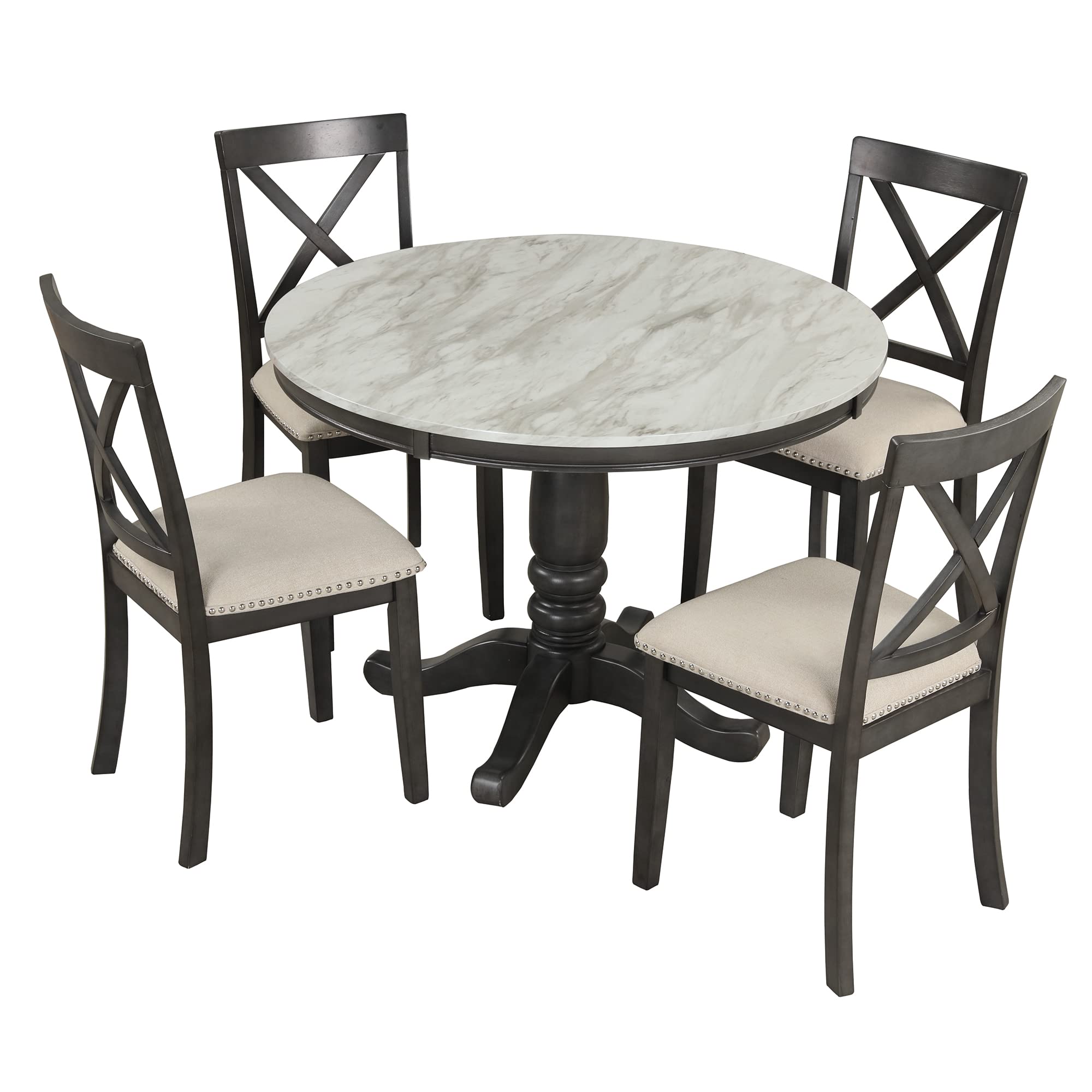 Modern 5-Piece Round Table and Chairs Set for 4 Persons, Solid Wood Dining Table Set with 4 Dining Chairs, Marble Veneer Kitchen Table Sets for Small Space Dining Room (Gray+Marble Veneer Table)