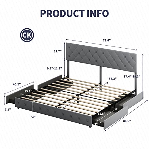 ZAFLY Upholstered California King Size Bed Frame with Tufted Headboard,PU Leather Platform Cal King Bed Frame with 4 Storage Drawers,Wooden Slats Support,No Box Spring Needed,Easy Assembly (Grey)