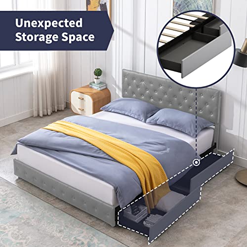 ZAFLY Upholstered California King Size Bed Frame with Tufted Headboard,PU Leather Platform Cal King Bed Frame with 4 Storage Drawers,Wooden Slats Support,No Box Spring Needed,Easy Assembly (Grey)