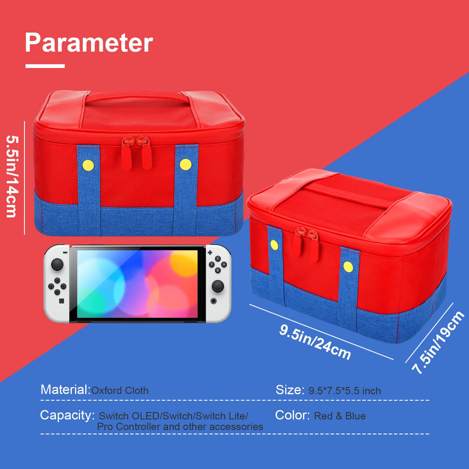Cute Switch Carry Case for Nintendo Switch/Lite/OLED, Portable Soft Shell Waterproof Protective Storage Travel Carrying Case Messenger Bag Oxford for NS SD Console Dock JoyCons Accessories, Blue & Red