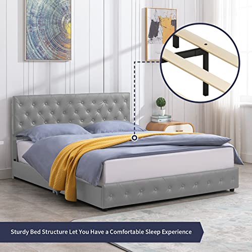 ZAFLY Upholstered California King Size Bed Frame with Tufted Headboard,PU Leather Platform Cal King Bed Frame with 4 Storage Drawers,Wooden Slats Support,No Box Spring Needed,Easy Assembly (Grey)